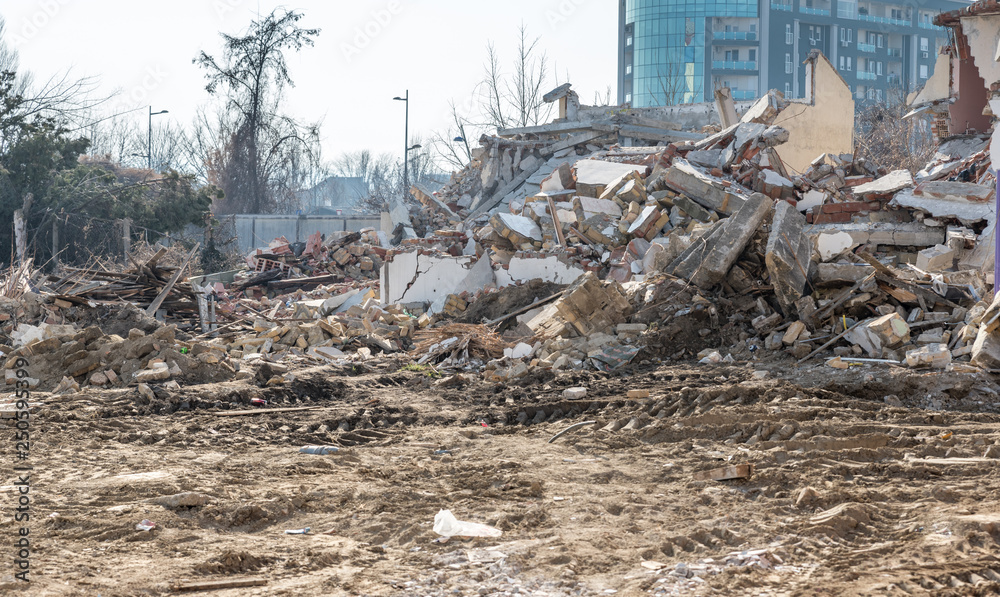 Remains of hurricane or earthquake aftermath disaster damage on ruined ...