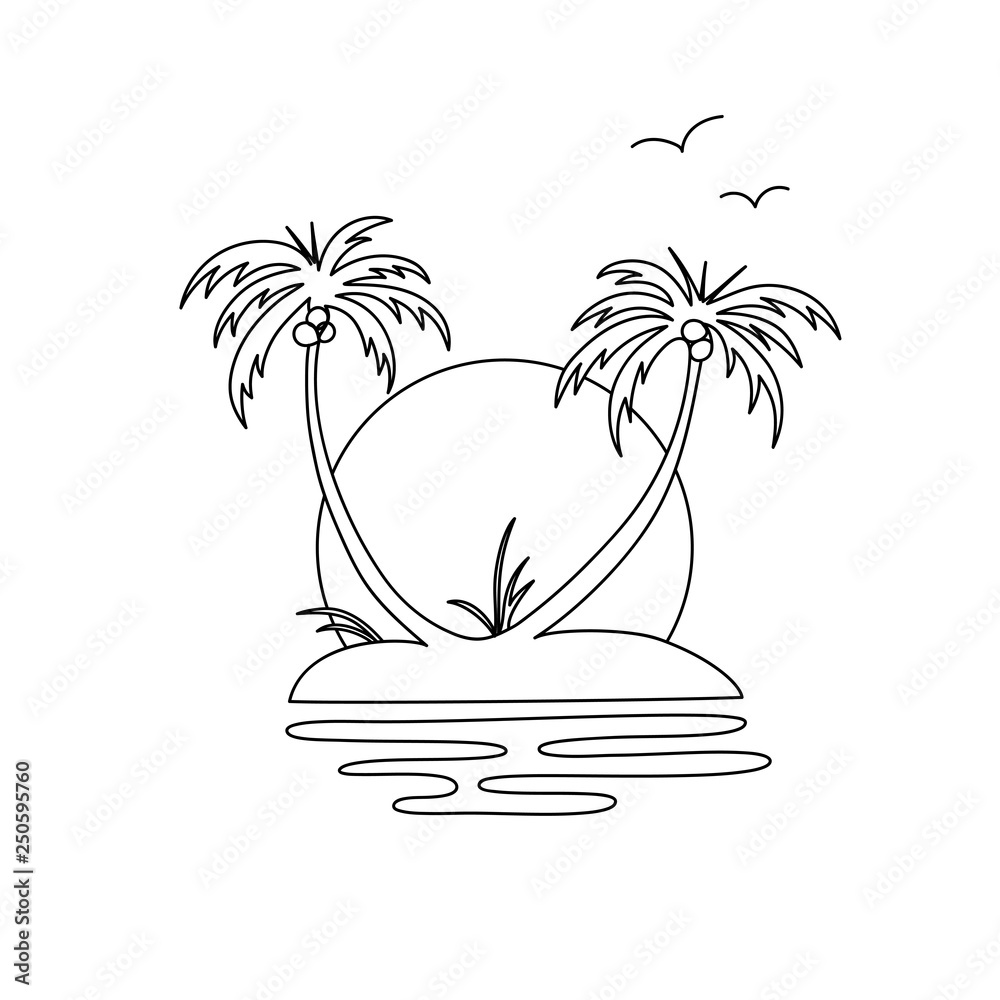 Hand line drawing of an oasis island with two palm trees, sunset and ... Hand line drawing of an oasis island with two palm trees, sunset and ...