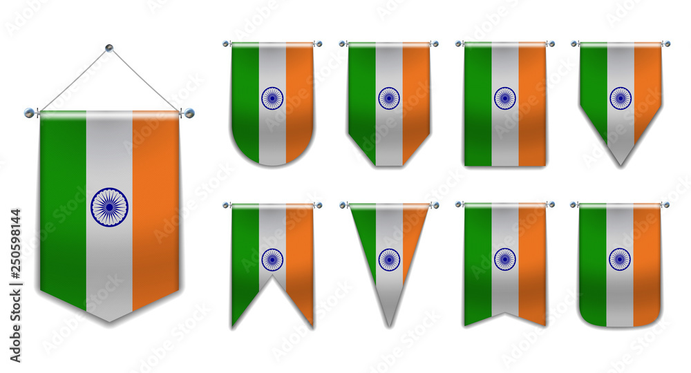 Set of hanging flags of the INDIA with textile texture.Diversity shapes ...