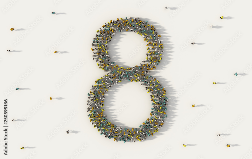 Large group of people forming number eight, 8, alphabet text character ...