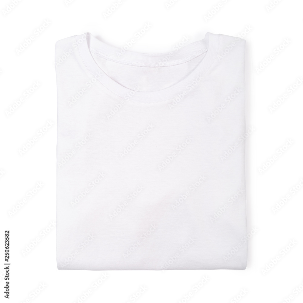 White folded t-shirt isolated on white background. Flat lay. Top view ...