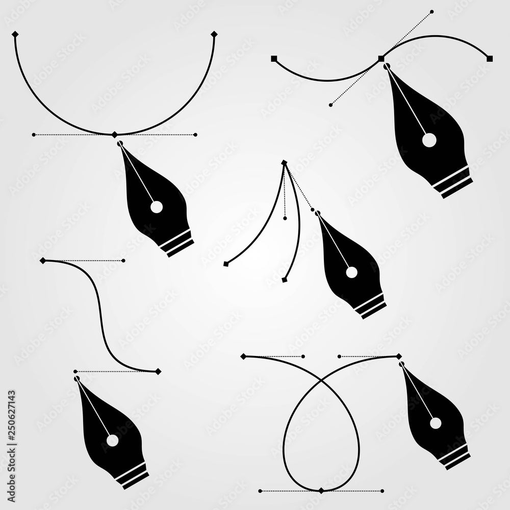 Set of Pen tool cursors and curve control points, isolated on white ...