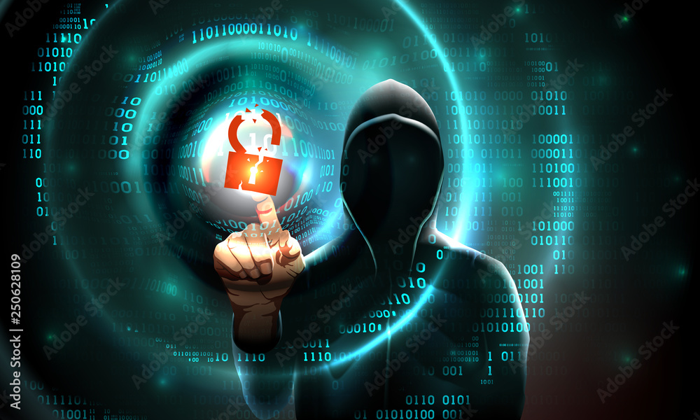 Computer hacker hood touches touchscreen with hacked lock symbol and binary code. Waves on ...