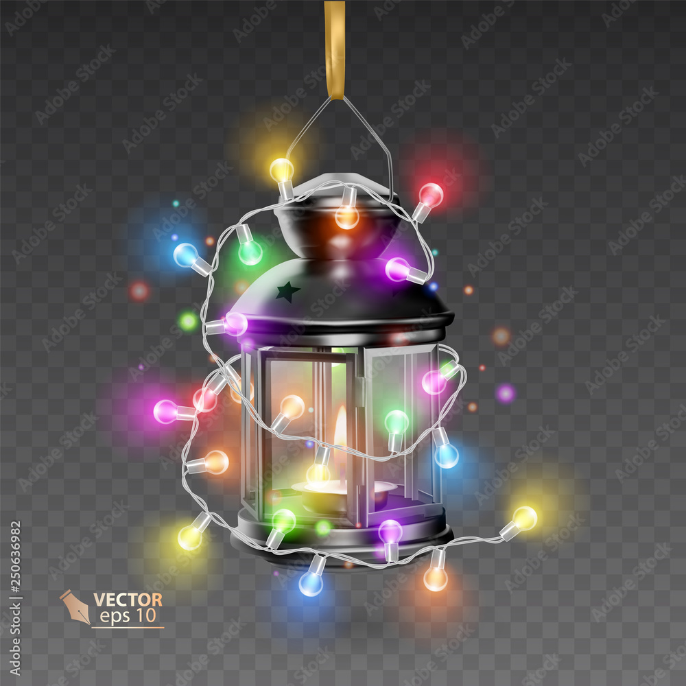 The Magic lamp of black color, surrounded by luminous garlands ...