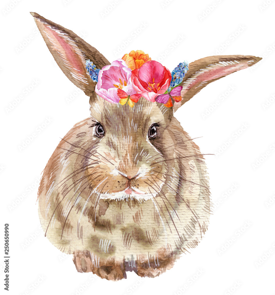 Rabbit painted with watercolor with a floral wreath on his head. Cute ...