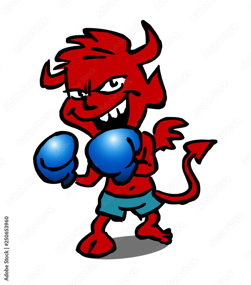Little Red Devil Boy Boxing Wrestler, color drawing isolated on white ...