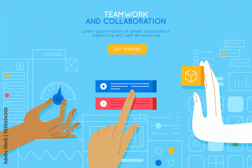 Vector illustration in simple flat style with hands and abstract user ...