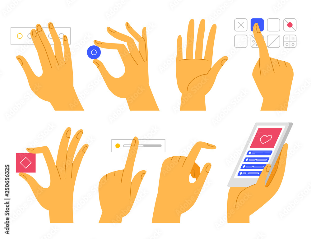 Vector set of hands in modern cartoon style - touch screen gestures ...