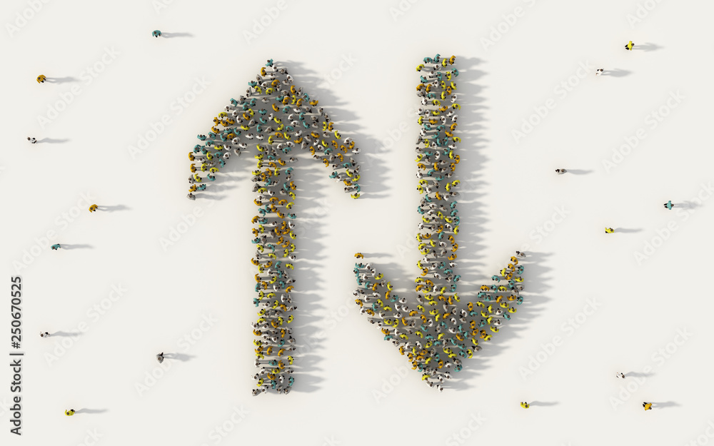 Large group of people forming a big arrow symbol in business, social ...