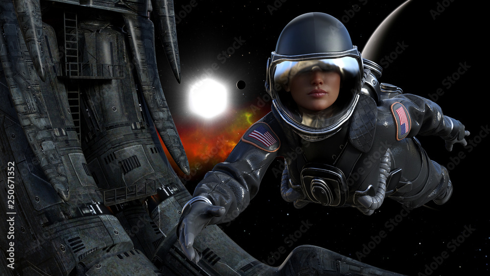 Illustration of female astronaut floating in space next to an alien ...