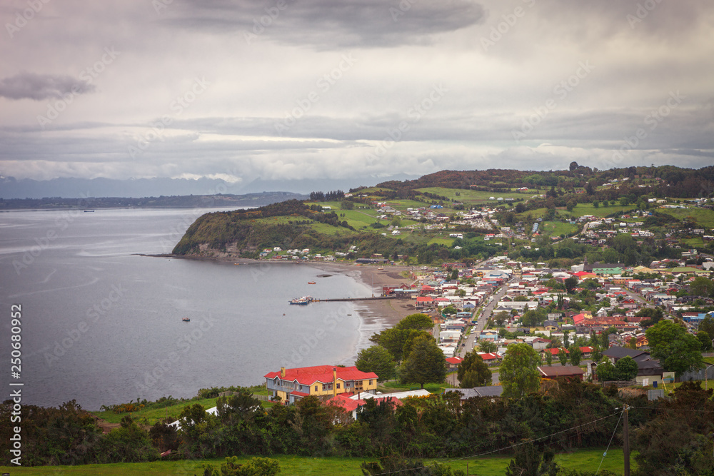 Panoramic of the Achao village, Quinchao island, Chiloe archipelago ...