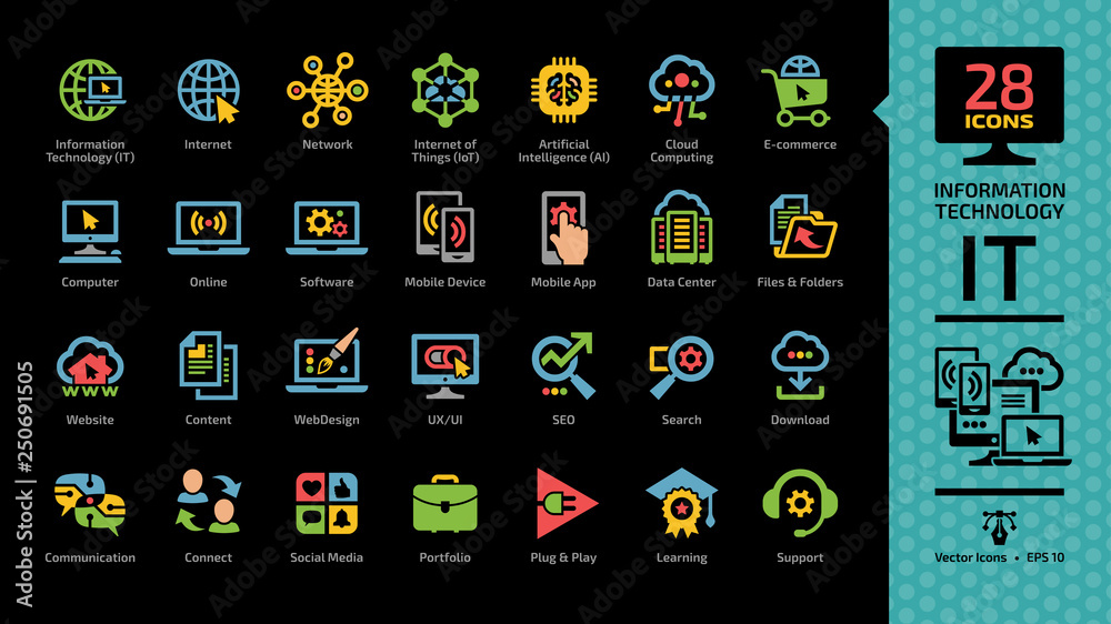 Information technology color glyph icon set on a black background with ...