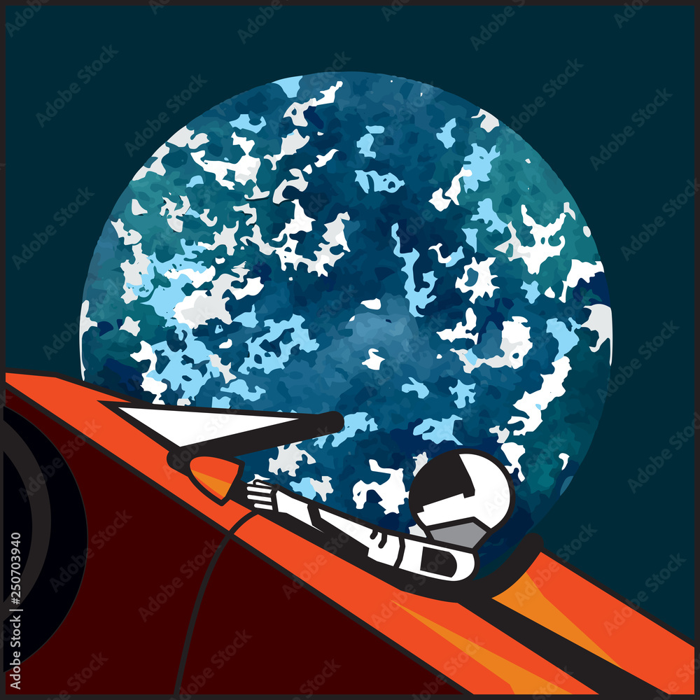 Star man in space suit on car and blue Earth in open space, shipped on ...