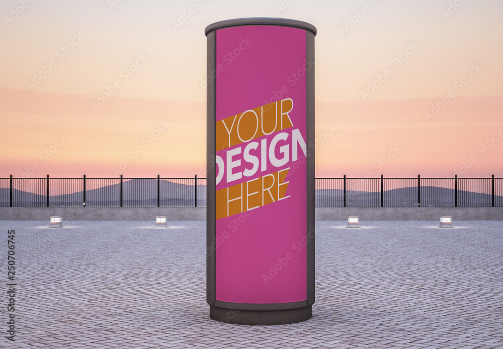 Circular Advertising Kiosk at Sunset Mockup Stock Template | Adobe Stock