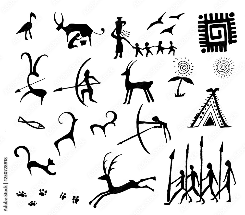 Set of vector stone age rock drawings ancient art illustration isolated ...