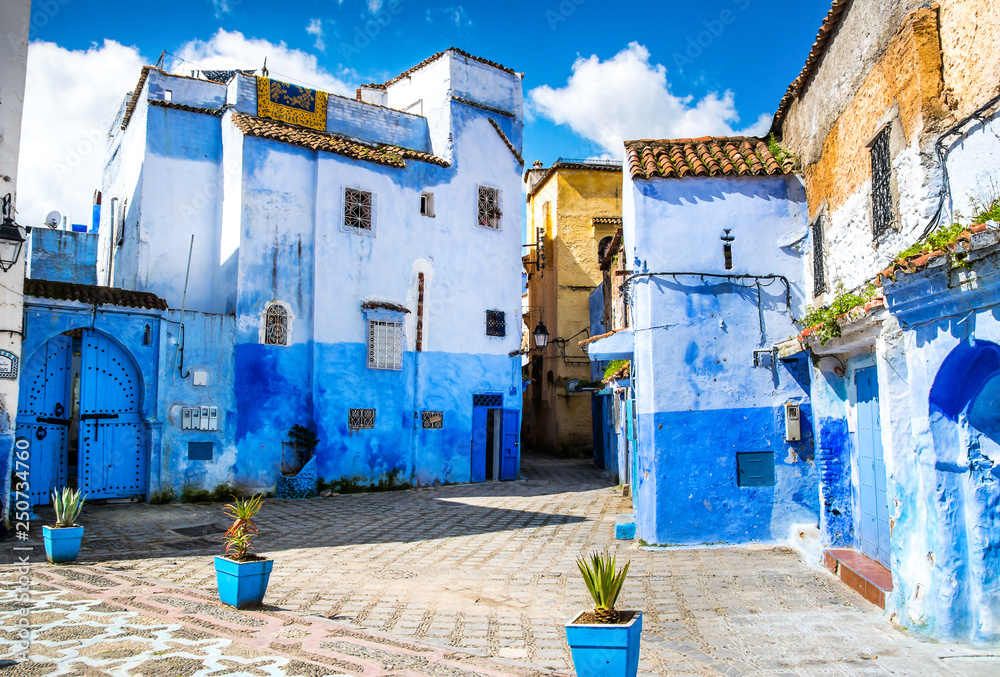 Amazing view of the street in the blue city of Chefchaouen. Location ...