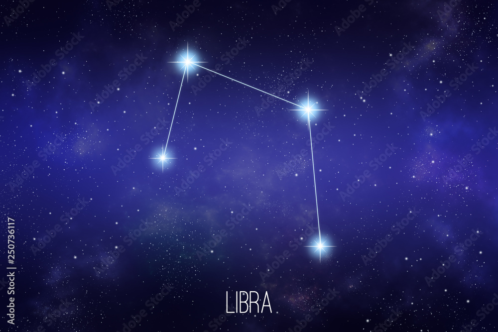 Libra zodiac constellation on a starry space background with lettering ...