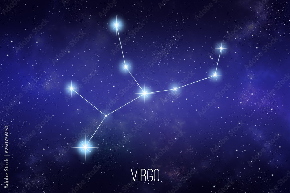 Virgo zodiac constellation on a starry space background with lettering ...
