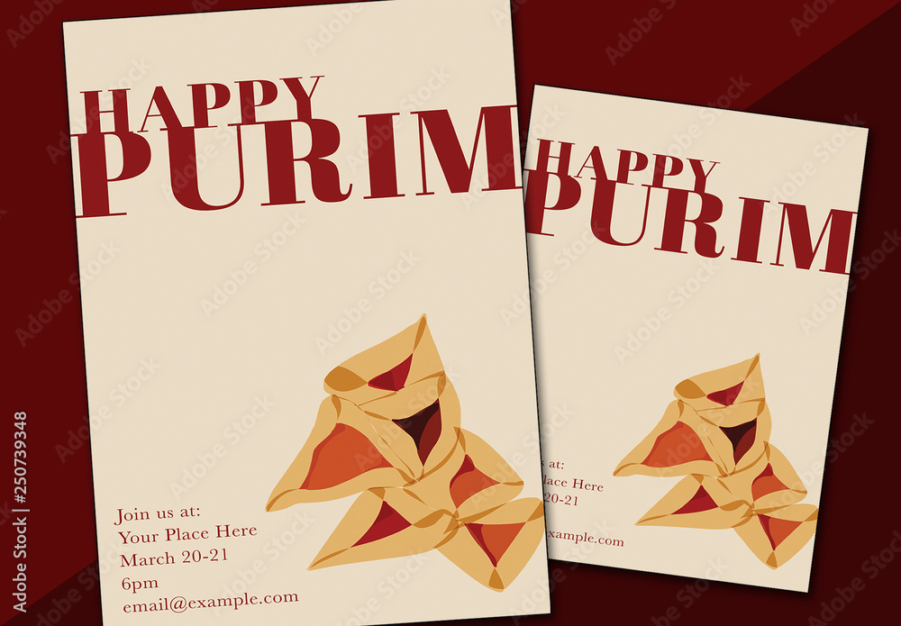 Purim Party Flyer Layout with Illustrations of Hamantaschen Stock ...