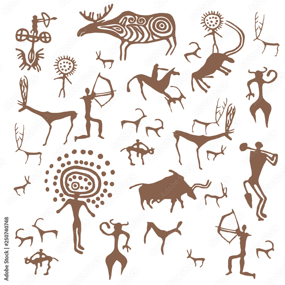 Set of vector stone age rock drawings ancient art illustration isolated ...