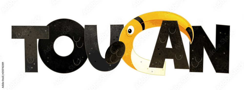 cartoon scene with toucan sign name of animal on white background ...