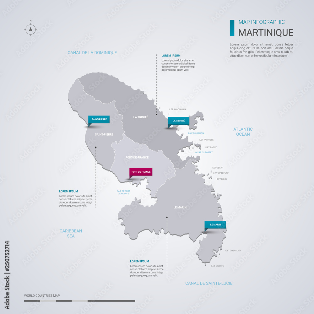 Poster Martinique vector map with infographic elements, pointer marks ...