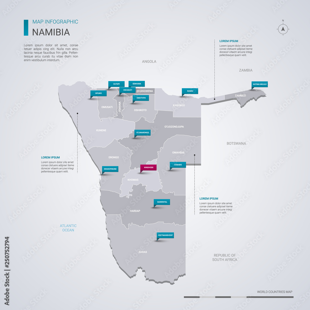 Namibia vector map with infographic elements, pointer marks. Stock ...