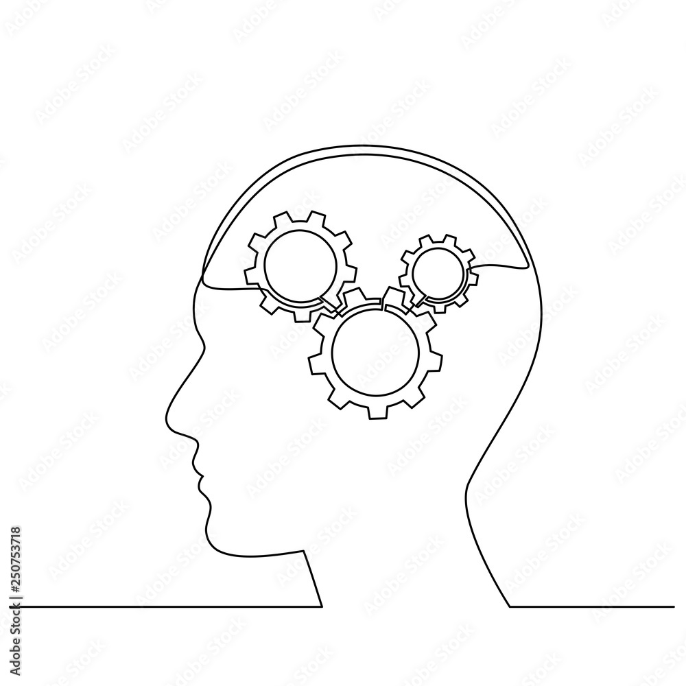 continuous line drawing of Human head with gears. Artificial ...
