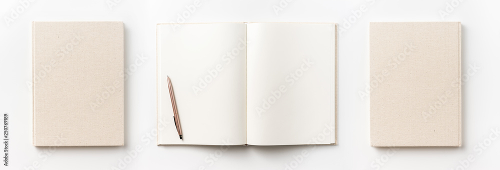 Business concept - Top view collection of light yellow fabric notebook ...