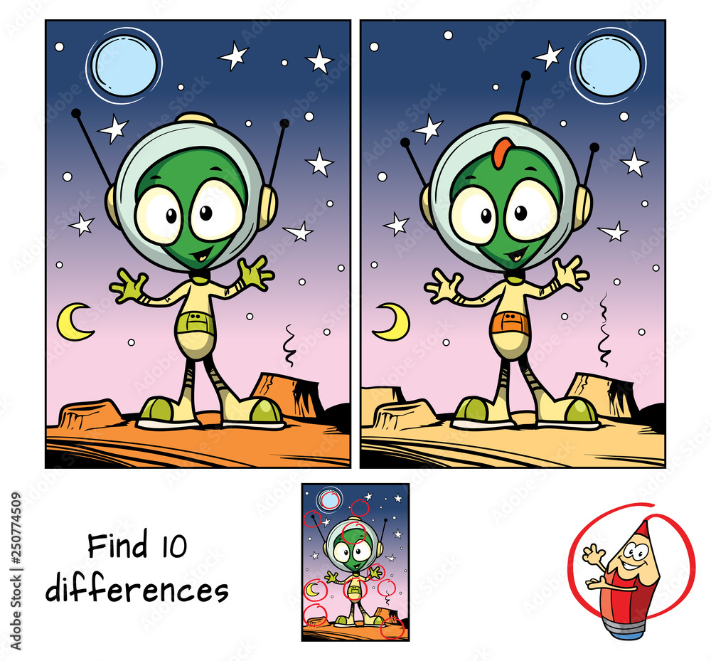 Vecteur Stock Alien in a spacesuit and helmet. Find 10 differences ...