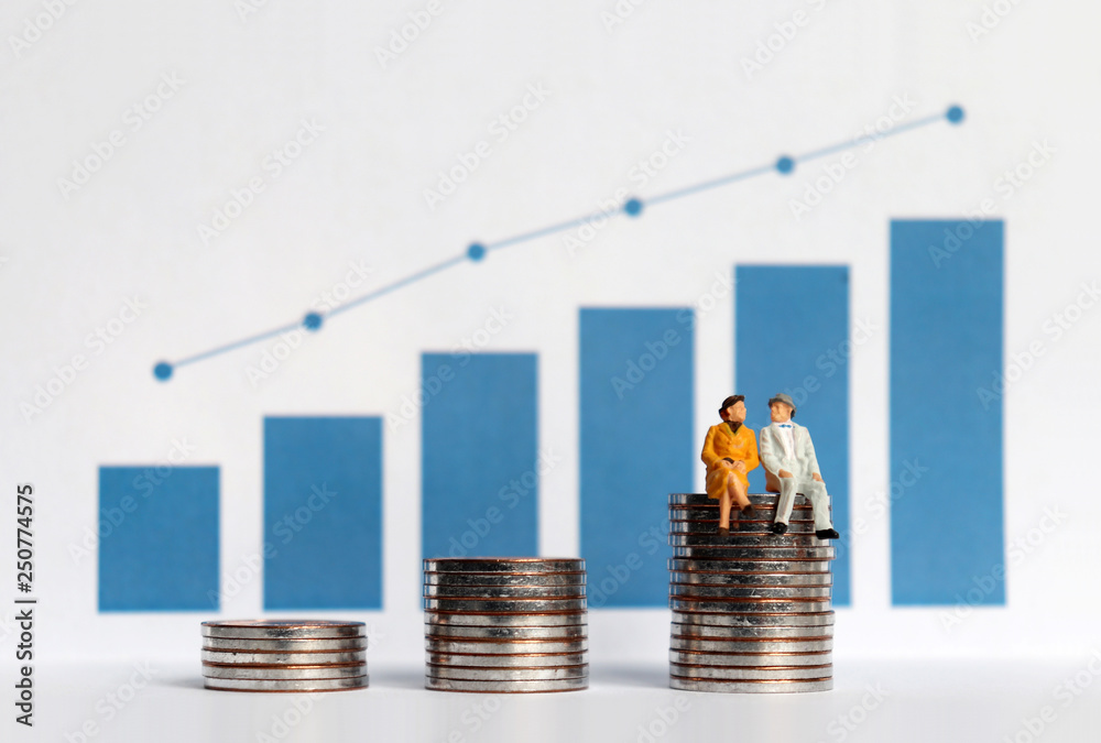 The concept of aging society and rising costs. Blue bar graph with flow ...