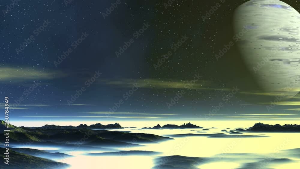 Blue Giant over Alien Planet. In the dark starry sky huge blue planet ...