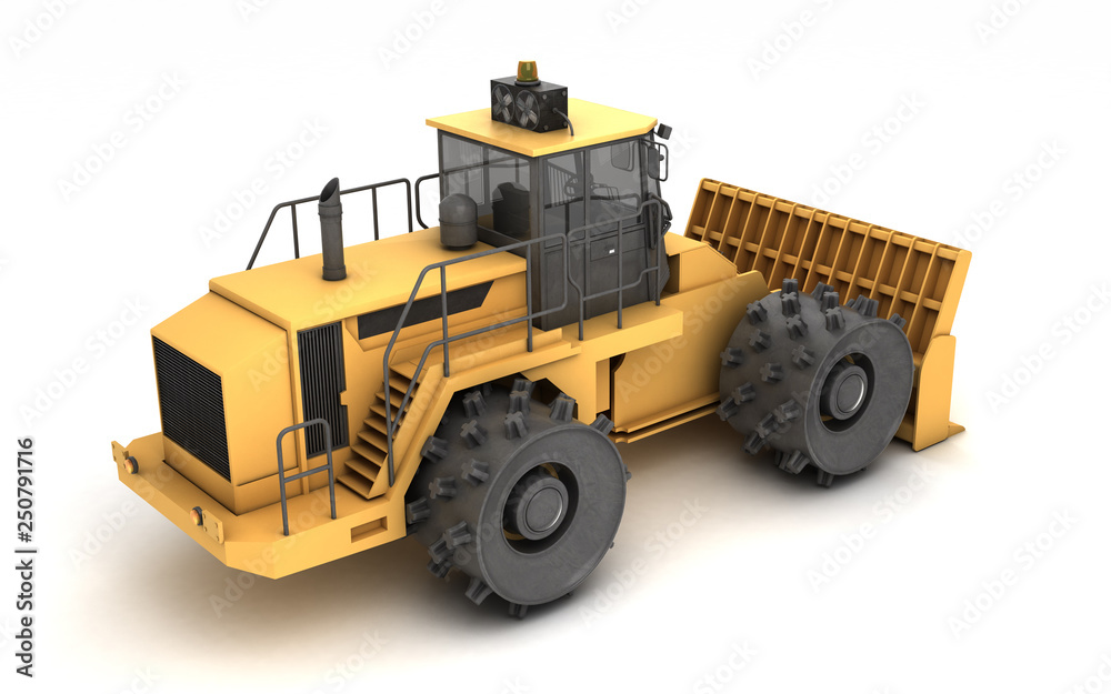 Rear side view on massive yellow hydraulic earth mover with thorns on ...