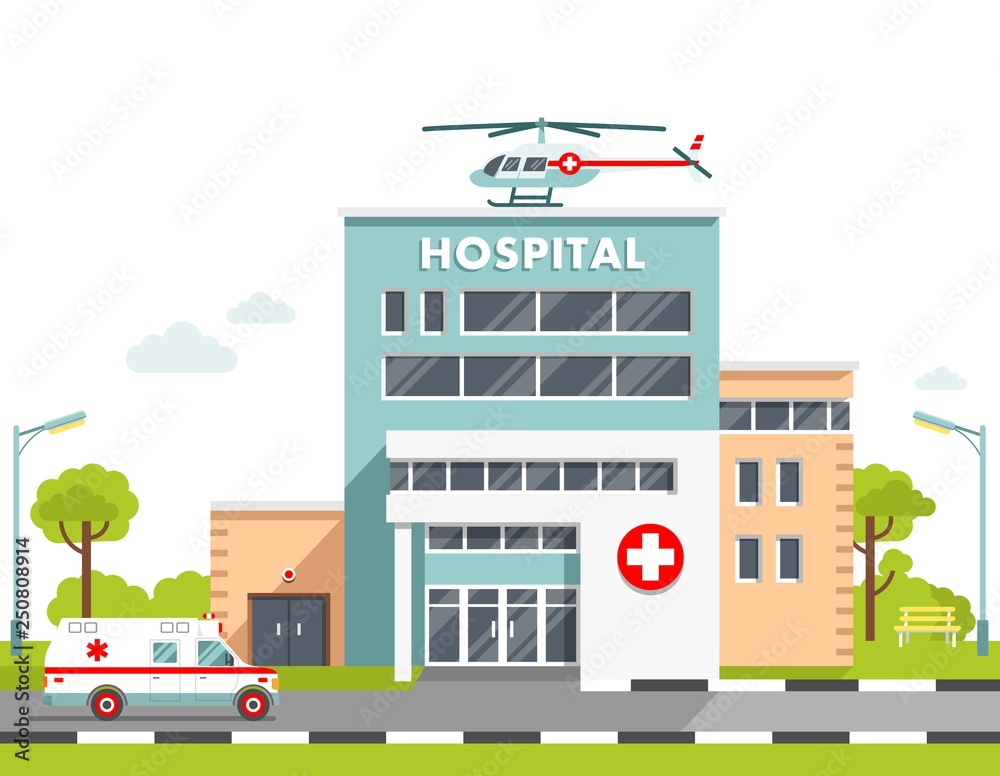 Medical concept with hospital building in flat style. City background ...