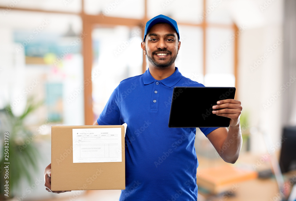 mail service, technology and shipment concept - happy indian delivery ...