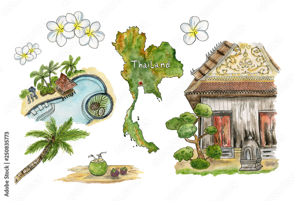 Travel to Thailand. Collection of sketches: palm trees, coconuts, pool ...