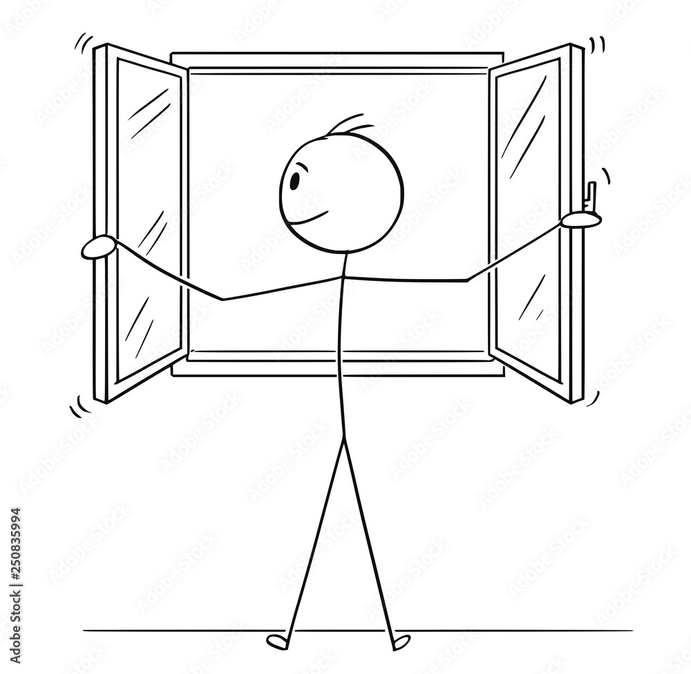 Cartoon stick figure drawing conceptual illustration of man opening ...