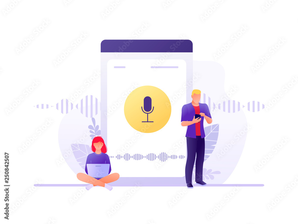 Voice assistant. Young people with gadgets near smartphone. Speaker ...