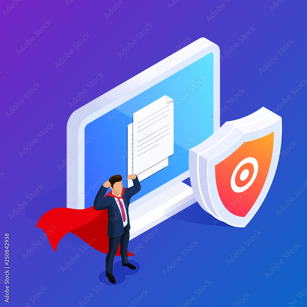 Isometric database protection concept. Protect your files or photos on ...