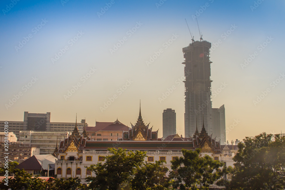 Bangkok, the city of contrasts. Ancient temple stand with new hi-rise ...
