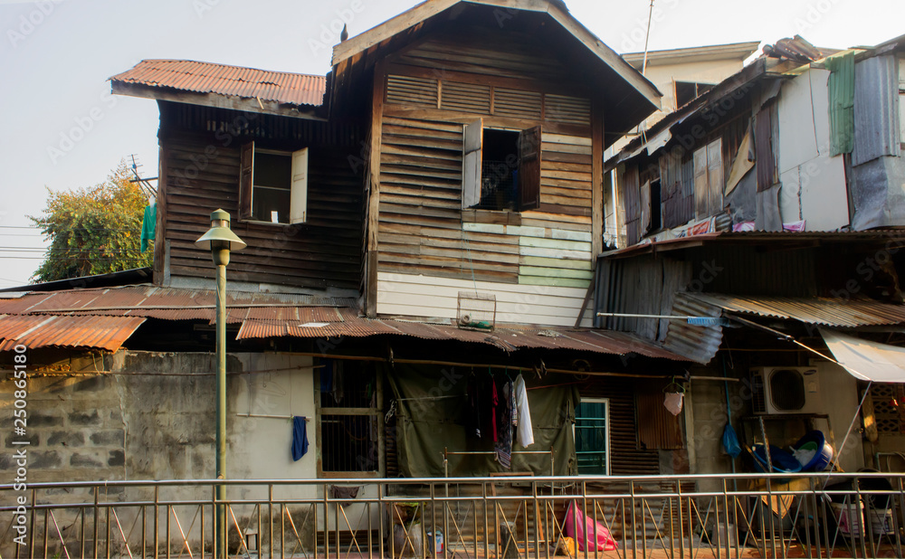 Slums house poor ramshakle of Southeast Asia along the Klong. Thailand ...