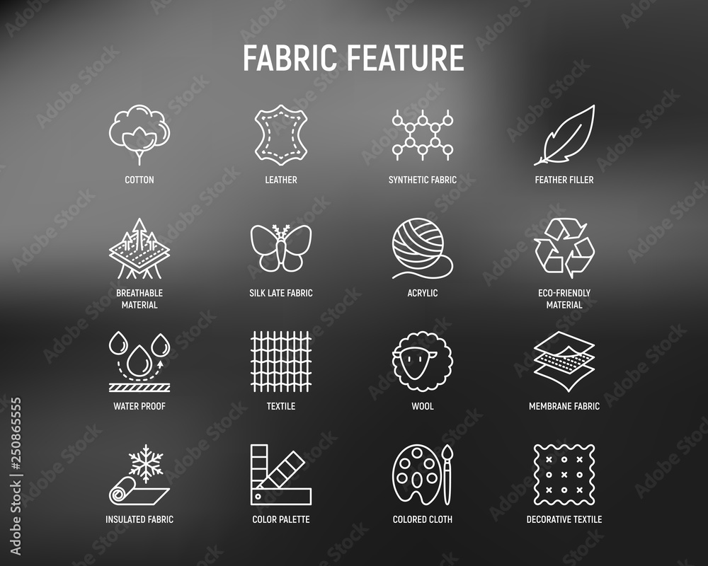 Fabric feature thin line icons set: leather, textile, cotton, wool ...