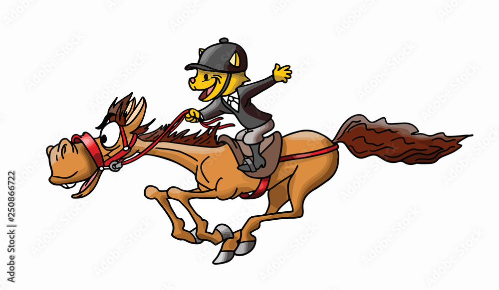 Cartoon cat riding a brown horse galloping at lightning speed vector ...