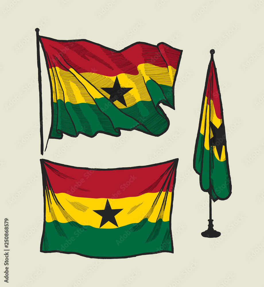 Flag of Ghana on the wind and on the wall - vector drawing illustration ...