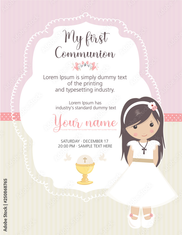 Vecteur Stock My first communion invitation. Beautiful girl with ...
