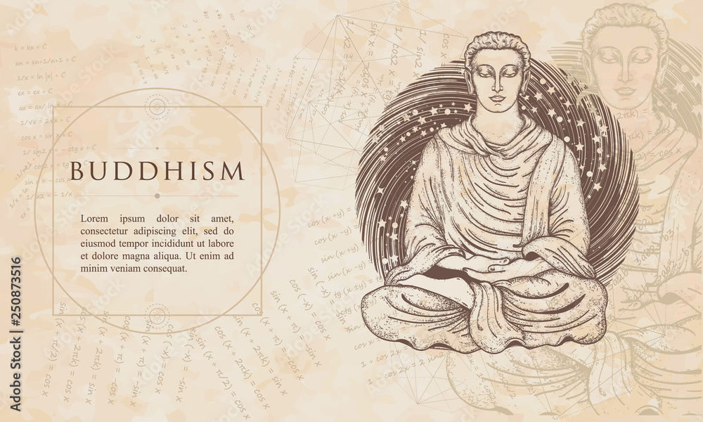 Buddhism. God Buddha in lotus position. Renaissance background ...