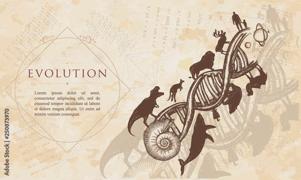 Evolution. People and animals on DNA chains. Renaissance background ...