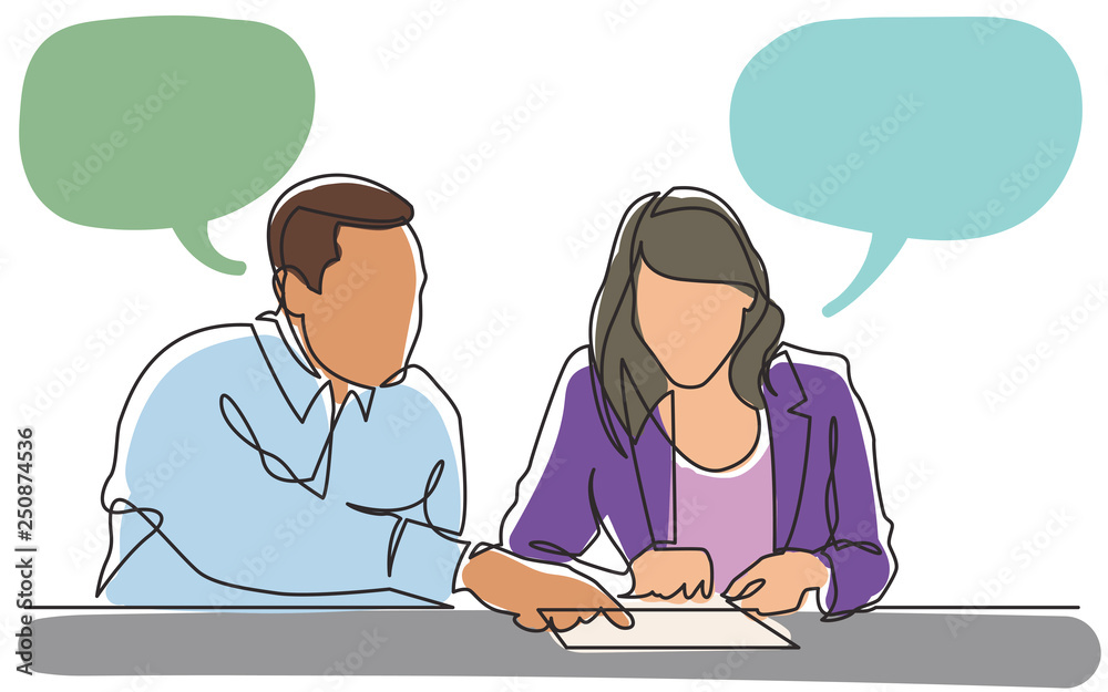 continuous line drawing of man instructing woman on work place Stock ...
