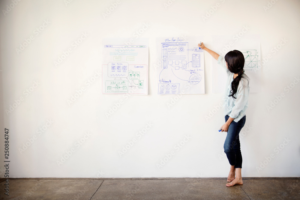 Young woman making flow charts on wall Stock Photo | Adobe Stock