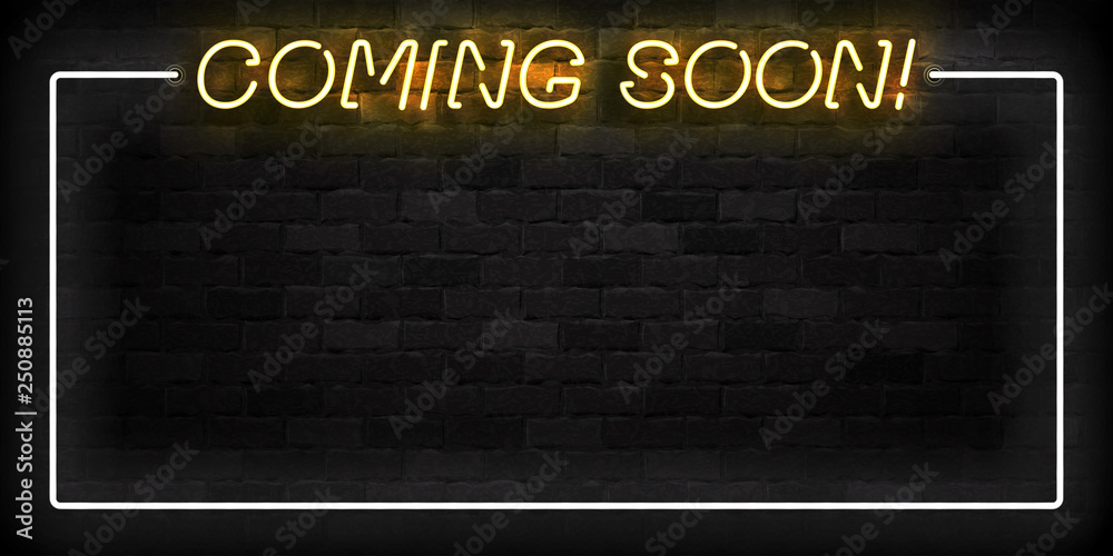 Vector realistic isolated neon sign of Coming Soon frame logo for ...